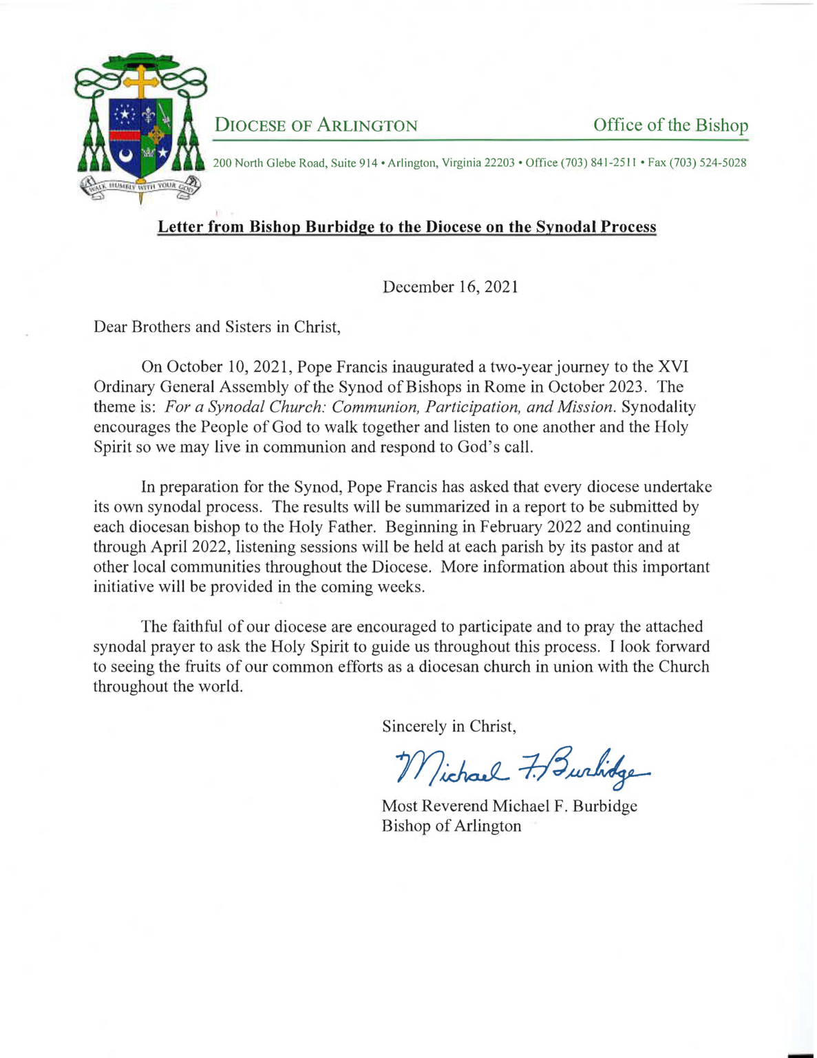Bishop Burbidge Shares a Letter Announcing the Diocesan Synodal Process - The Basilica of Saint Mary