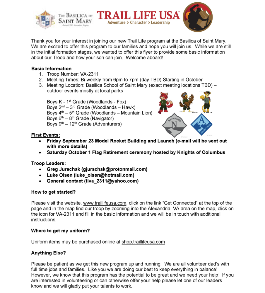 Trail Life Troop VA-2311 for Boys - The Basilica of Saint Mary